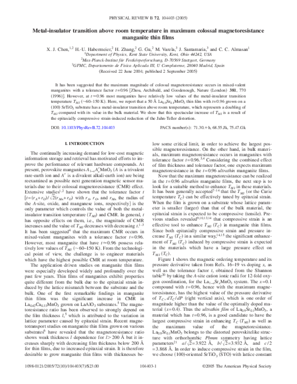 (PDF) Metal-insulator transition above room temperature in maximum colossal magnetoresistance ...