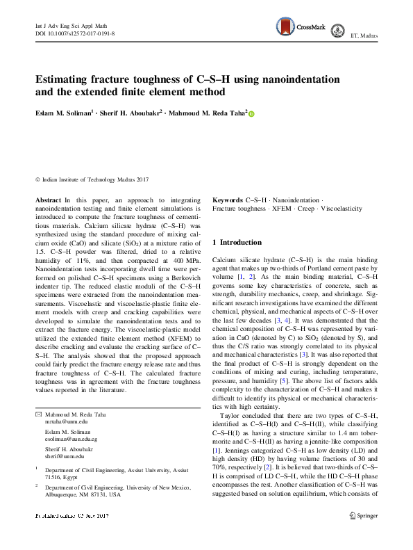 Pdf Estimating Fracture Toughness Of C S H Using Nanoindentation And The Extended Finite