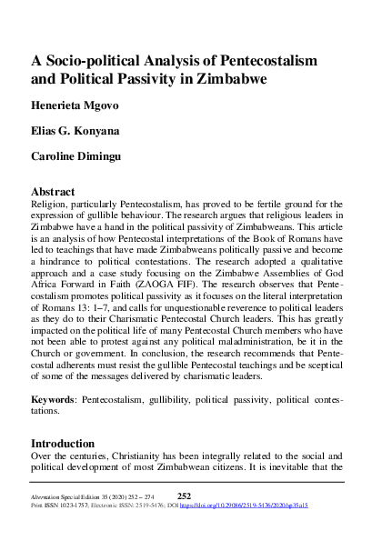 (PDF) A Socio-political Analysis of Pentecostalism and Political ...