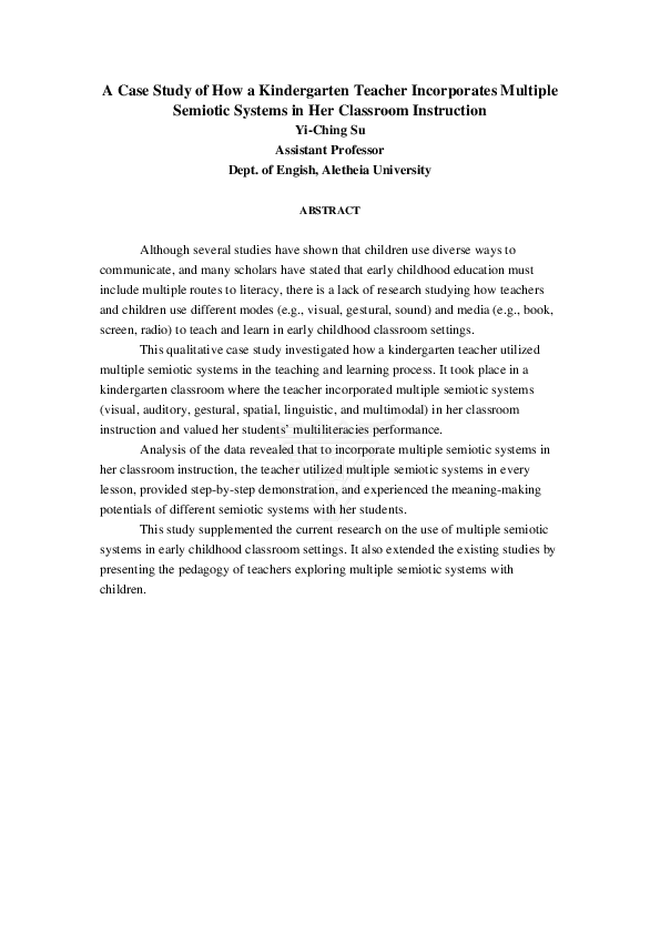 (PDF) A Case Study of How a Kindergarten Teacher Incorporates Multiple ...