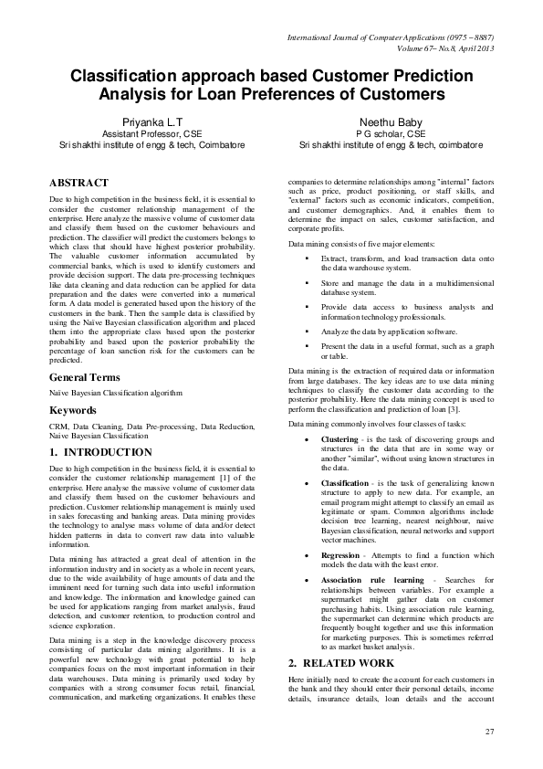 (PDF) Classification approach based Customer Prediction Analysis for Loan Preferences of Customers