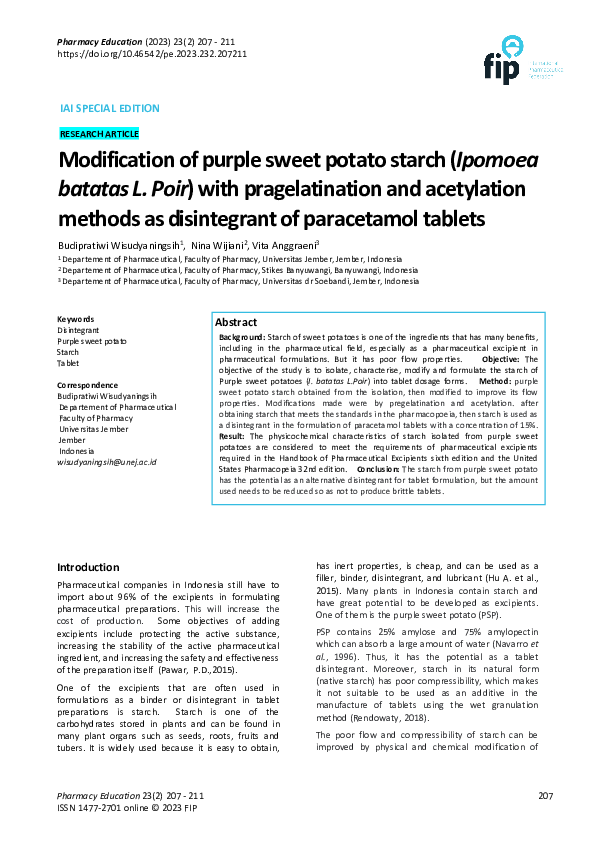 (PDF) Modification of purple sweet potato starch (Ipomoea batatas L. Poir) with pragelatination ...