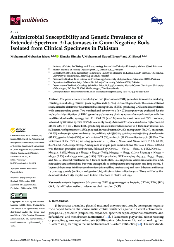 (PDF) Antimicrobial Susceptibility and Genetic Prevalence of Extended-Spectrum β-Lactamases in ...