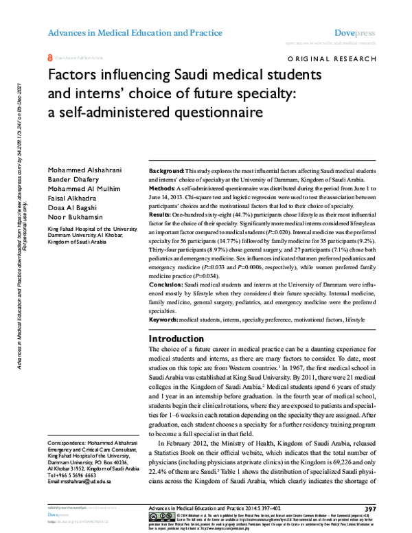 (PDF) Factors influencing Saudi medical students and interns' choice of ...