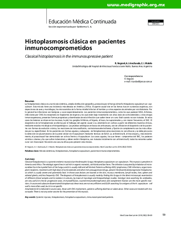 (PDF) Histoplasmosis clásica en pacientes inmunocomprometidos