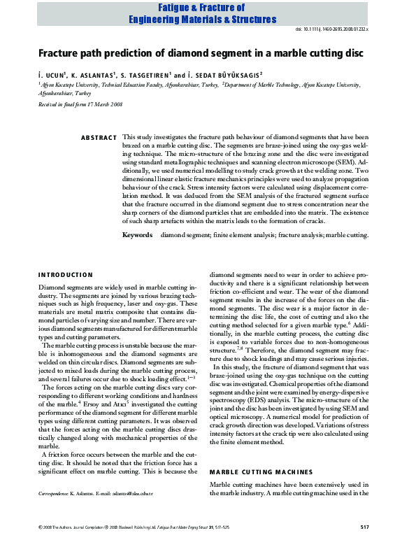 (PDF) Fracture path prediction of diamond segment in a marble cutting disc