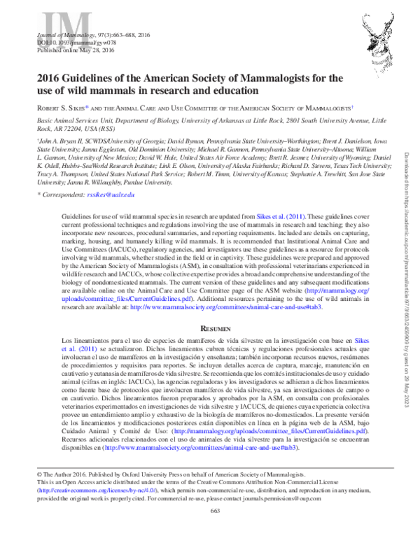 (PDF) 2016 Guidelines of the American Society of Mammalogists for the ...