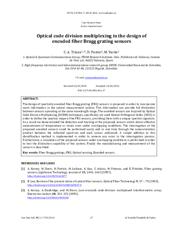 (PDF) Optical code division multiplexing in the design of encoded fiber Bragg grating sensors