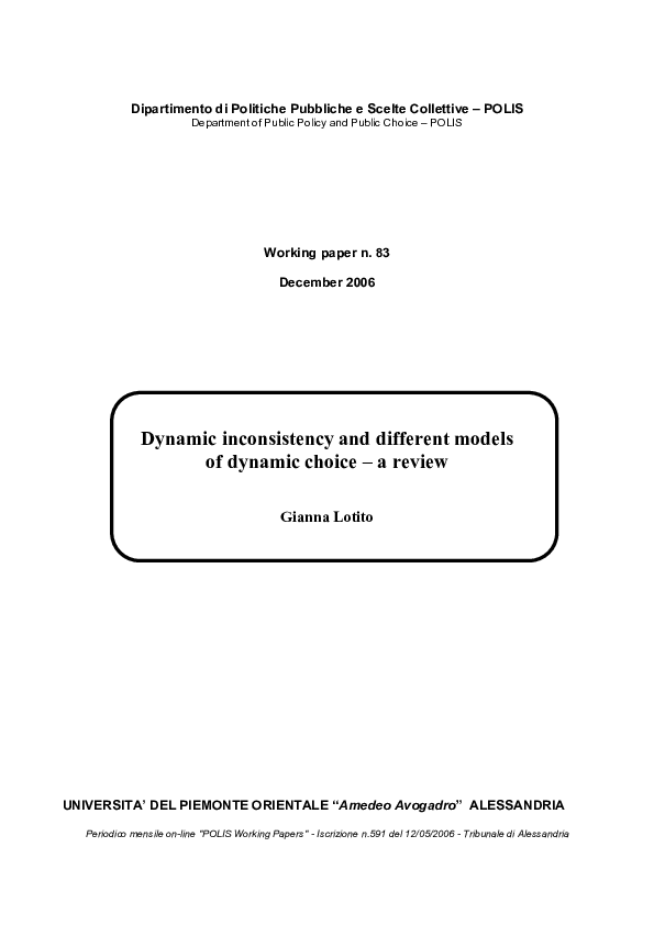 (PDF) Dynamic inconsistency and different models of dynamic choice-a review