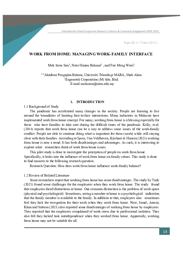 (PDF) WORK FROM HOME: MANAGING WORK-FAMILY INTERFACE
