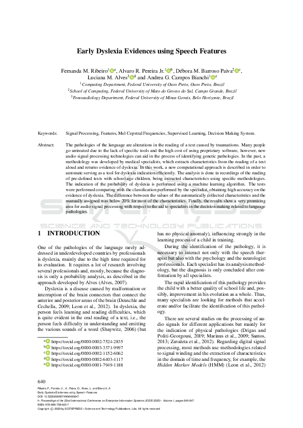 (PDF) Early Dyslexia Evidences using Speech Features
