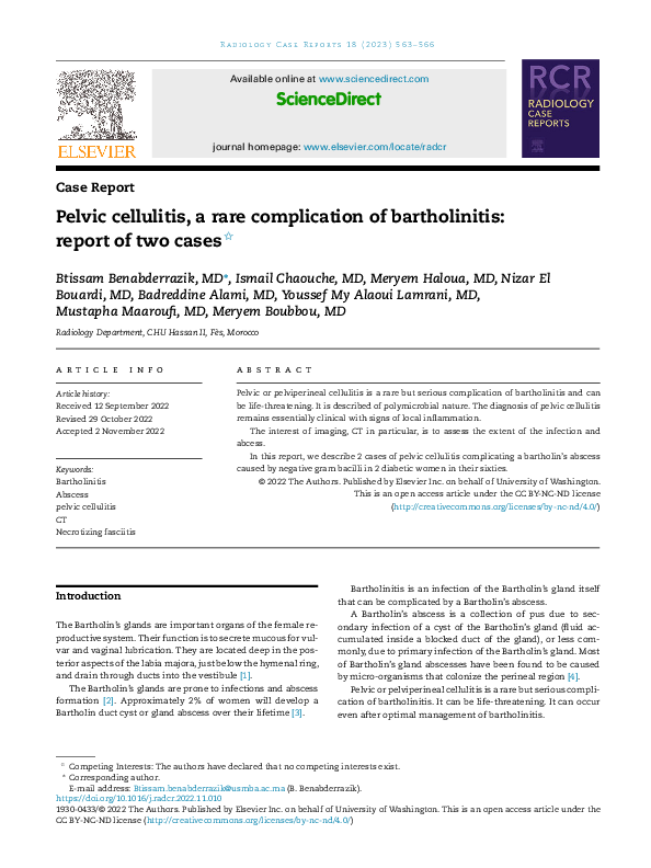(PDF) Pelvic cellulitis, a rare complication of bartholinitis: report ...