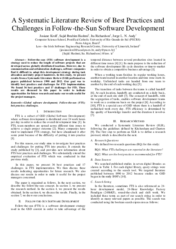 (PDF) A Systematic Literature Review of Best Practices and Challenges in Follow-the-Sun Software ...
