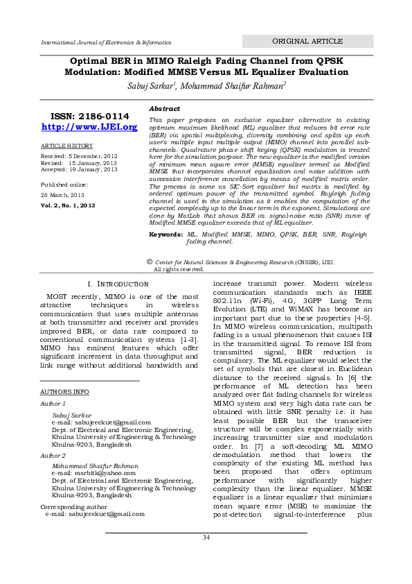 (PDF) Optimal BER in MIMO Raleigh Fading Channel from QPSK Modulation: Modified MMSE Versus ML ...