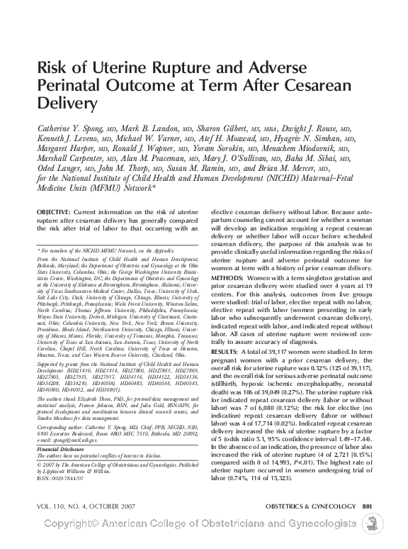 (PDF) Risk of uterine rupture and adverse perinatal outcome at term after cesarean delivery