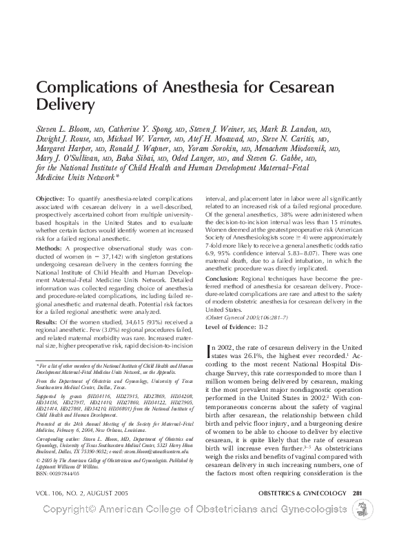 (PDF) Complications of Anesthesia for Cesarean Delivery