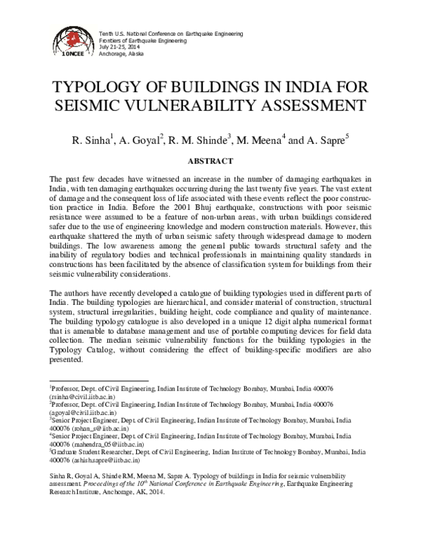 Pdf Typology Of Buildings In India For Seismic Vulnerability Assessment