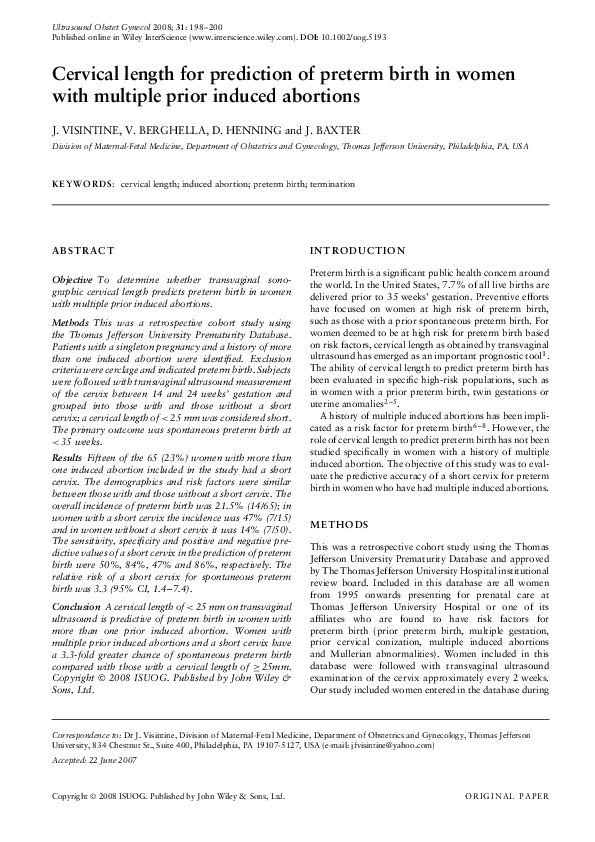 (PDF) Cervical length for prediction of preterm birth in women with ...