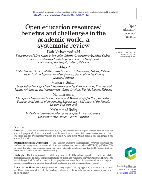 (PDF) Open education resources' benefits and challenges in the academic ...