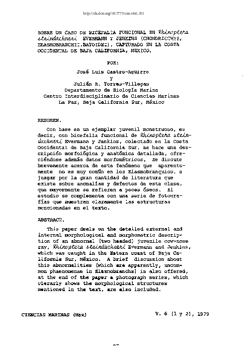 (PDF) Sobre Un Caso De Bicefalia Funcional En Rhinoptera Steindachneri ...