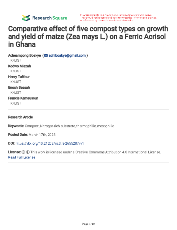 (PDF) Comparative effect of five compost types on growth and yield of maize (Zea mays L.) on a ...