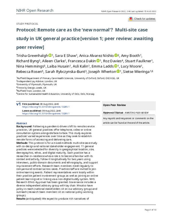 (PDF) Protocol: Remote care as the ‘new normal’? Multi-site case study ...