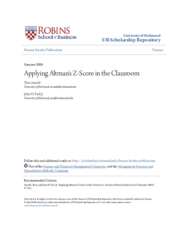 (PDF) Applying Altman's Z-Score in the Classroom