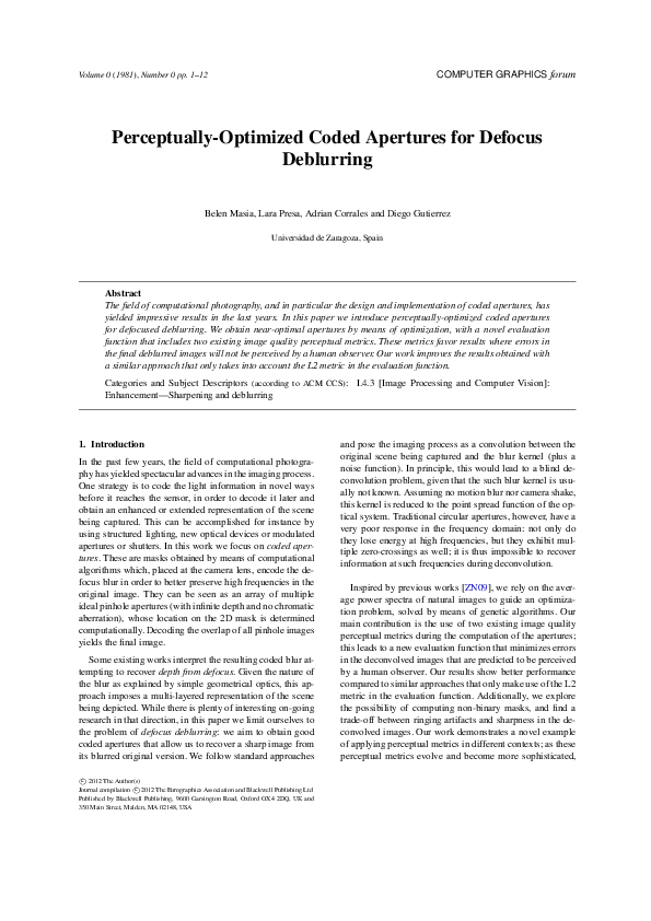 Pdf Perceptually Optimized Coded Apertures For Defocus Deblurring