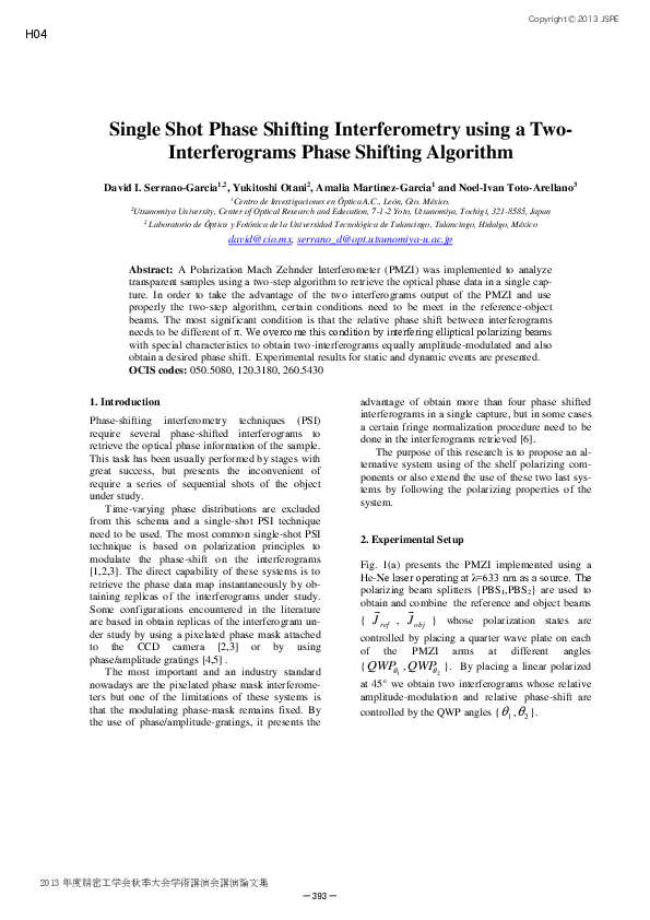 Pdf Single Shot Phase Shifting Interferometry Using A Two Interferograms Phase Shifting 5801