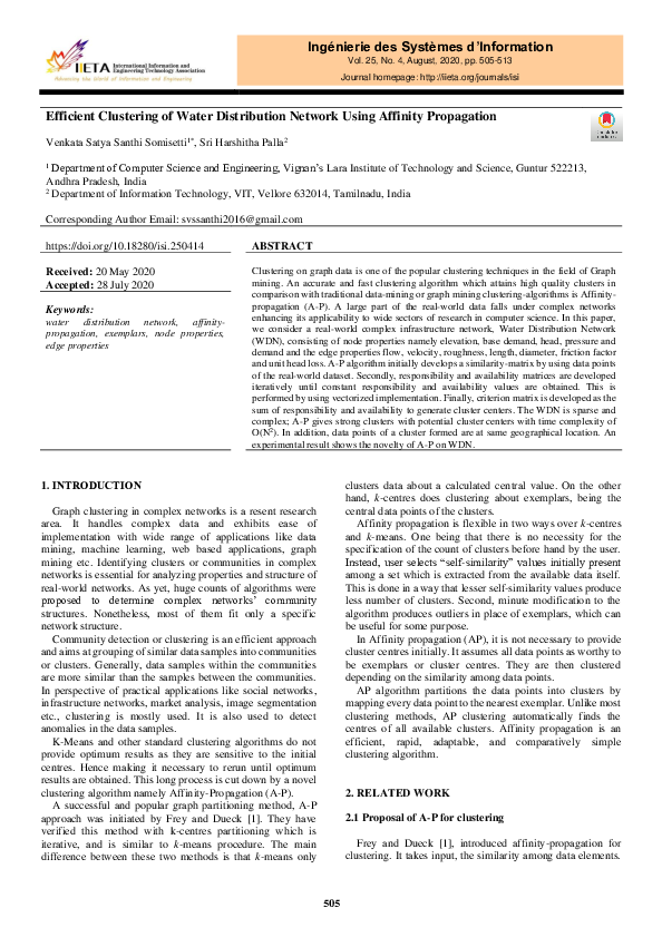 (PDF) Efficient Clustering of Water Distribution Network Using Affinity Propagation