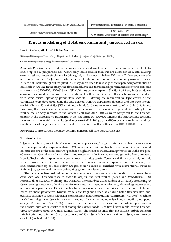 (PDF) Kinetic modelling of flotation column and Jameson cell in coal