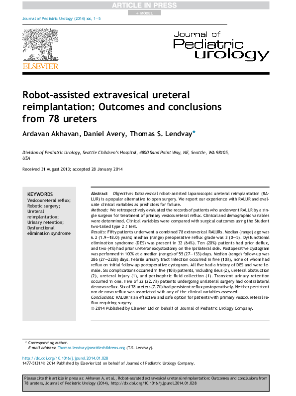 (PDF) Robot-assisted extravesical ureteral reimplantation: Outcomes and ...