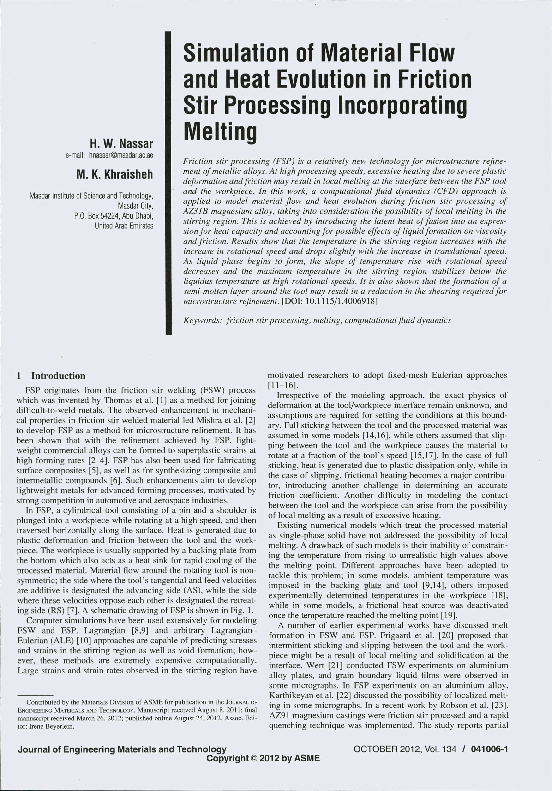 Pdf Simulation Of Material Flow And Heat Evolution In Friction Stir