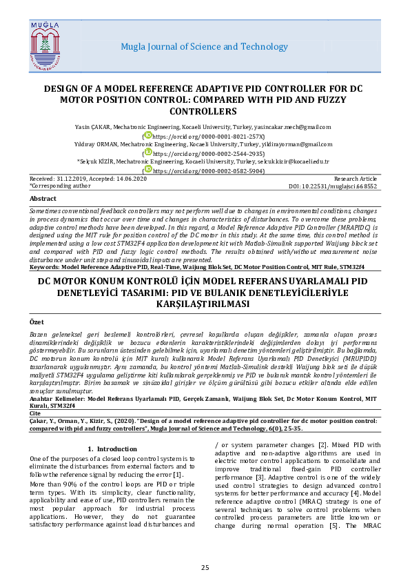 Pdf Design Of A Model Reference Adaptive Pid Controller For Dc Motor Position Control