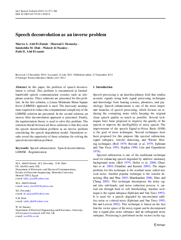 (PDF) Speech deconvolution as an inverse problem