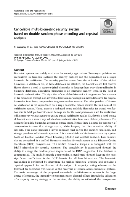 (PDF) Cancelable multi-biometric security system based on double random phase encoding and ...