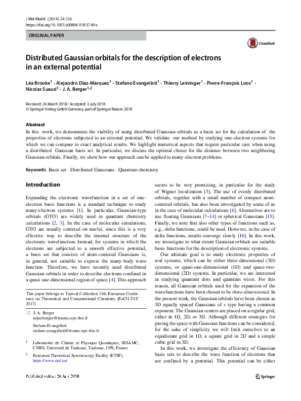 (PDF) Distributed Gaussian orbitals for the description of electrons in ...