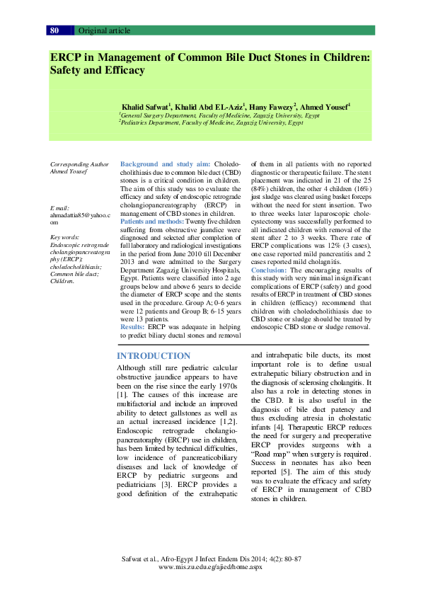 (PDF) ERCP in Management of Common Bile Duct Stones in Children: Safety ...