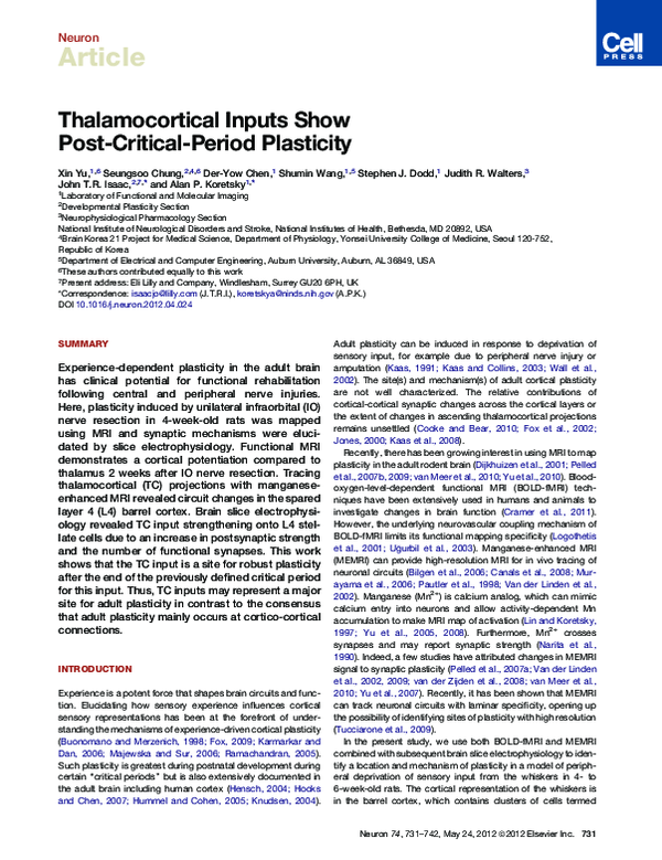 (PDF) Post-Critical-Period Plasticity in TC Inputs