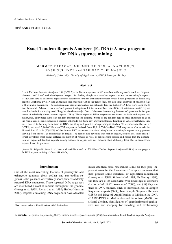 (PDF) Exact tandem repeats analyzer (E-TRA): A new program for DNA sequence mining