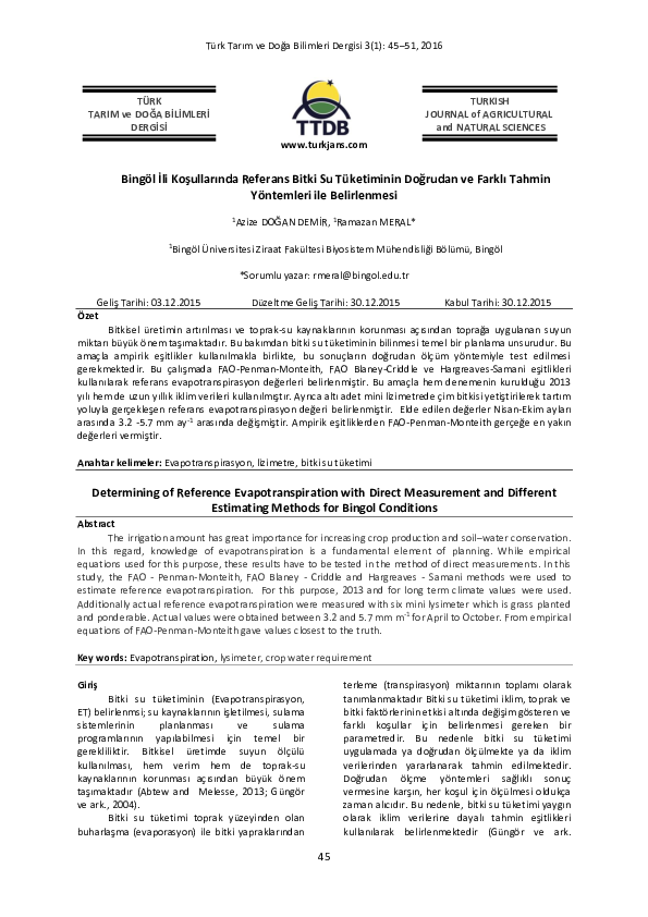 Pdf Determining Of Reference Evapotranspiration With Direct Measurement And Different