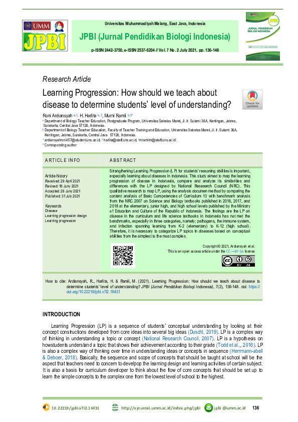 (PDF) Learning Progression: How should we teach about disease to determine students’ level of ...