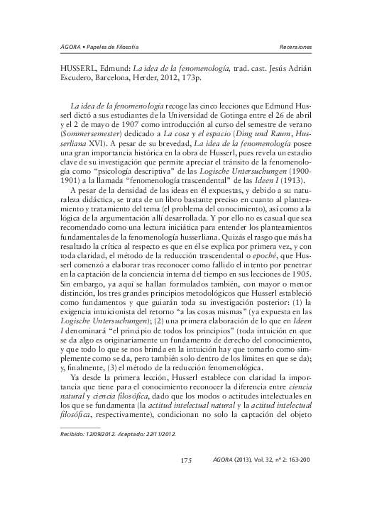 (PDF) HUSSERL, Edmund: "La idea de la fenomenología", trad. cast. Jesús ...