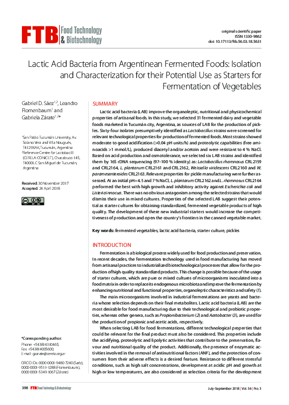 (PDF) Lactic Acid Bacteria from Argentinean Fermented Foods: Isolation and Characterization for ...