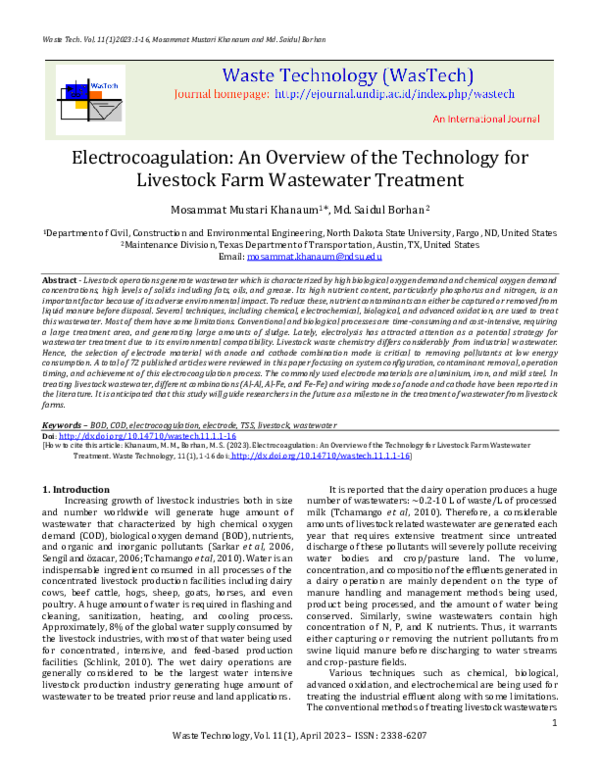 (PDF) Electrocoagulation: An Overview of the Technology for Livestock ...