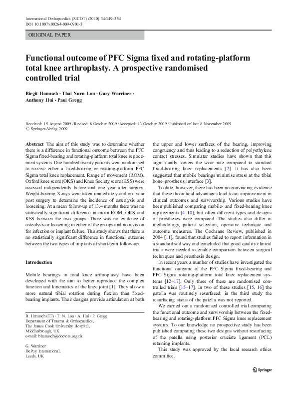 (PDF) Functional outcome of PFC Sigma fixed and rotating-platform total ...