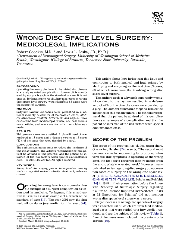 (PDF) Wrong disc space level surgery: medicolegal implications