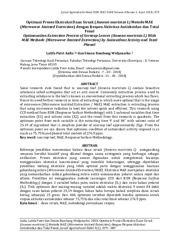 (PDF) Optimasi Proses Ekstraksi Daun Sirsak (Annona muricata L) Metode ...