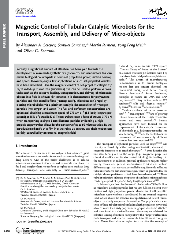 (PDF) Magnetic Control of Tubular Catalytic Microbots for the Transport ...