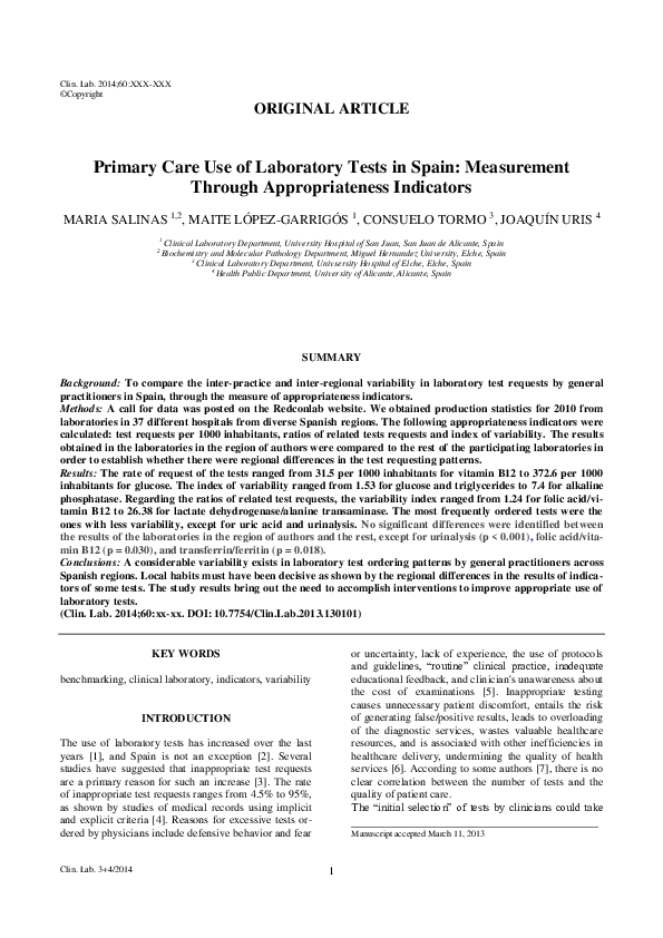 (PDF) Primary Care Use of Laboratory Tests in Spain: Measurement ...